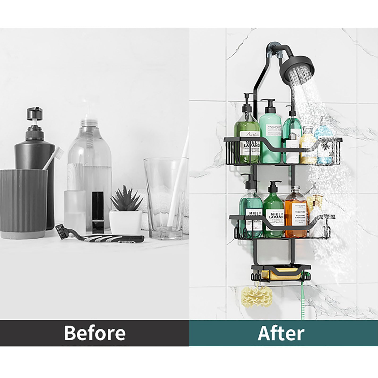 SILUB Shower Caddy Hanging, Anti-Swing Shower Caddy Over Shower Head with Toothbrush Holder, Hanging Bathroom Shelves with Hooks and Soap Holder, Rustproof Hanging Bathroom Organizer