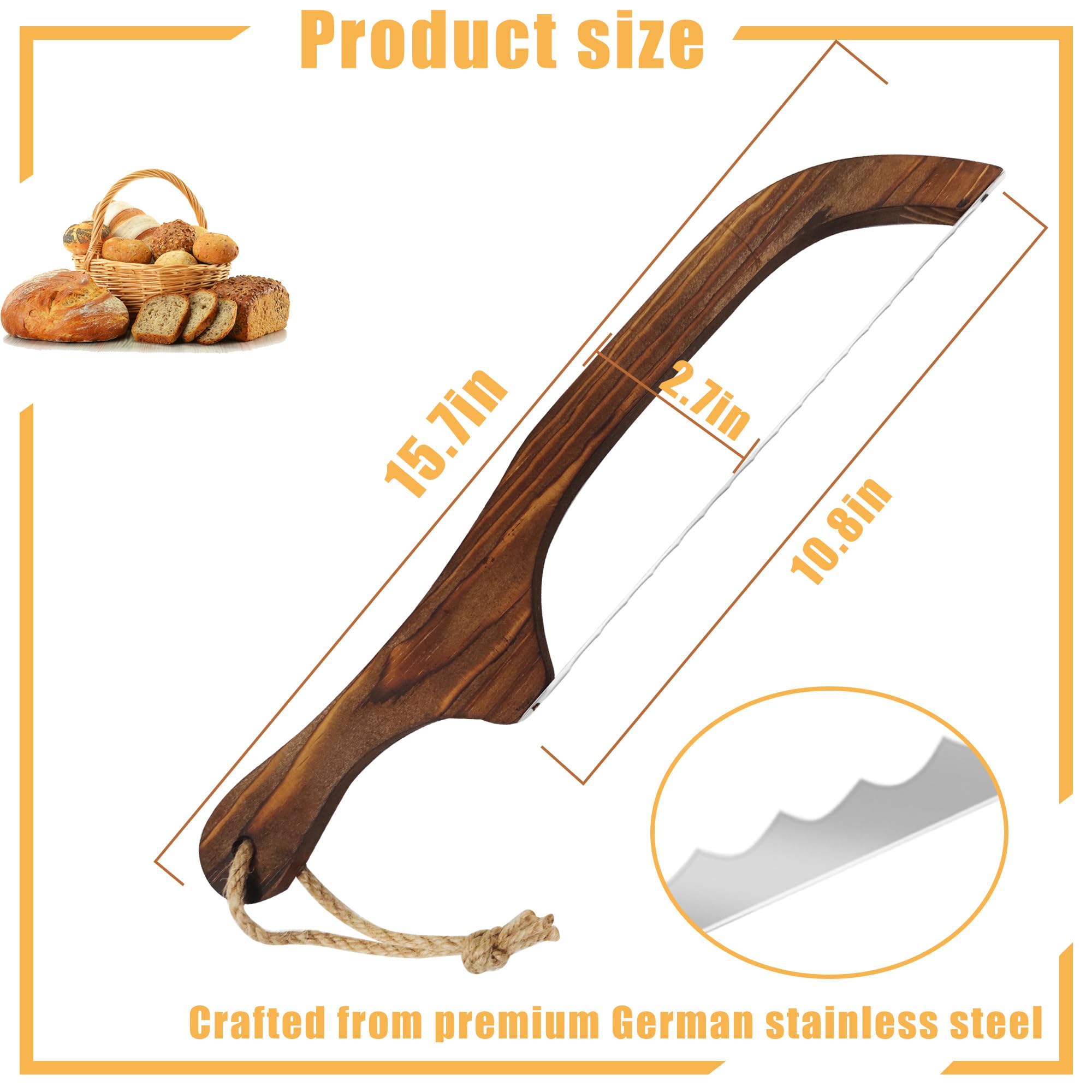 RIJIAKESEN Bread Knife, Sourdough Bread Slicer for Homemade Bread, Wooden Bow Design by Baker and Stainless Steel for Easy Cutting,Multipurpose Bread Cutter.