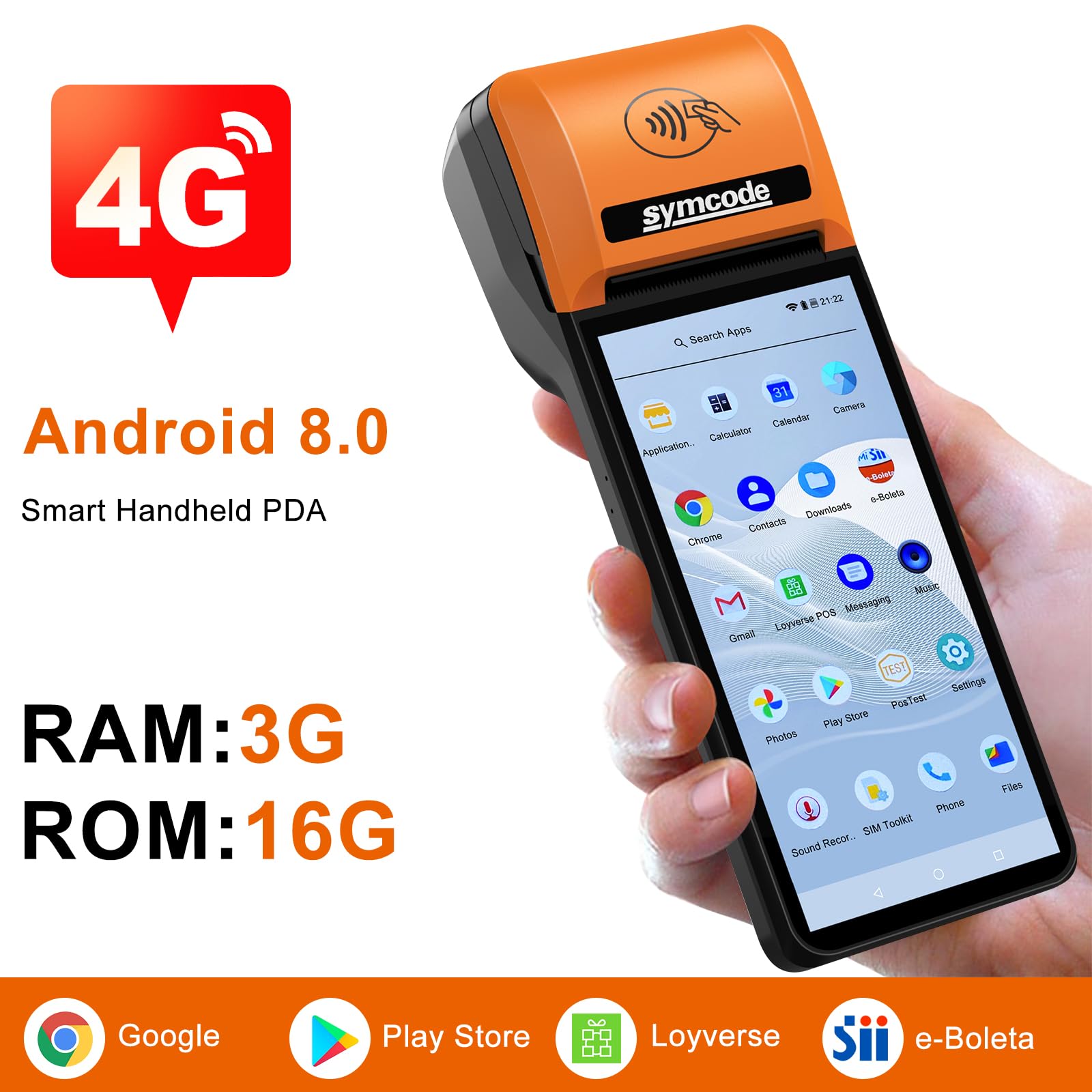 symcode POS PDA Printer Mobile POS Machine Terminal Thermal Receipt Printer 5.99" High Resolution and Clear Touch Screen Handheld PDA Printer Android 8.1 OS Built-in Google Play and NFC