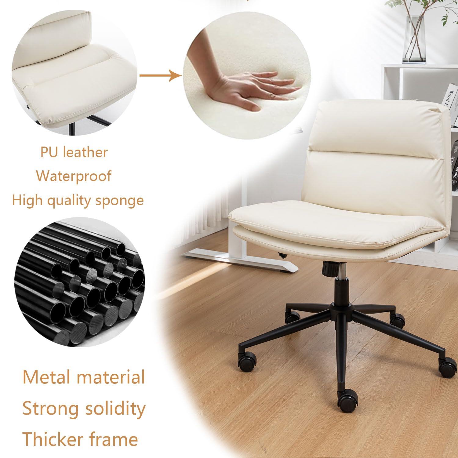 Riknuxi Criss Cross Chair with Wheels, Ergonomic Home Office Desk Chairs with Black Base, Modern Vanity Chair for Home, Office, Make Up (White)