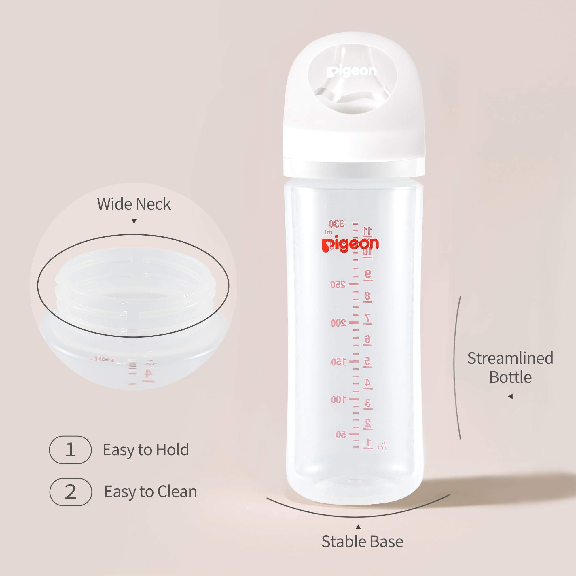 Pigeon PP Nursing Bottle Wide Neck, Streamlined Body, Natural Feel, Easy to Clean, 5.4 Oz, Includes 1pc SS Nipple (0m+)