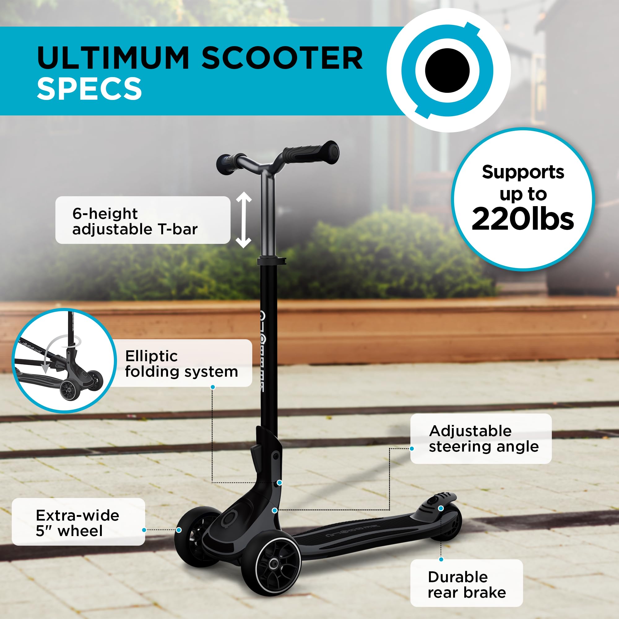 Globber Ultimum Scooter | 3-Wheel Kick Scooter for Adults & Kids 5+ | Foldable Kick Scooter with Safe, Non-Slip Deck & Premium Brakes (Navy Blue)