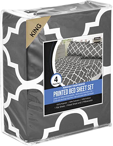 Utopia Bedding King Sheet Set, Soft Microfiber 4 Piece Bed Sheets with 16" Deep Pocket - Easy Care Brushed Microfiber (Quatrefoil - Grey)