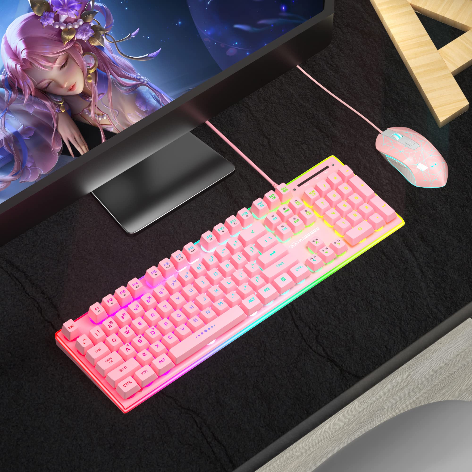 MageGee Gaming Keyboard and Mouse Combo, True RGB Backlit Membrane Office Keyboard, 104 Keys Metal Panel USB Quiet Wired Keyboard for Windows Laptop PC - Pink