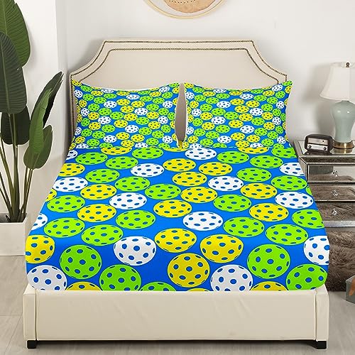 Pickleball Bed Set Ball Sports Themed Teens Sheet Set for Boys Girls Men Yellow White Green Pickleball Bed Sheets Blue Decor Sheets with 1 Pillowcase 3Pcs Bedding Twin