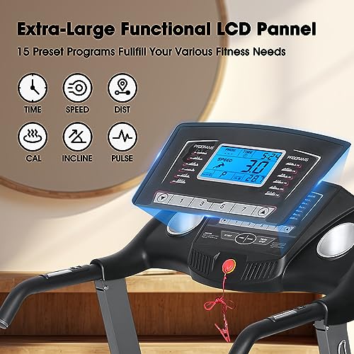 Treadmill with 3-Level Manual Incline for Home Use 17'' Wide Folding Electric Running Machine 2.5HP/8.5MPH with 15 Preset Programs Running Machine Large LCD Display