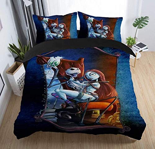 Vankie Bedding Set 3Pieces, Nightmare Before Christmas Duvet Cover Set Jack and Sally Throne Cartoon Bedding with 1 Duvet Cover, 2 Pillow Shams, No Comforter Queen Size