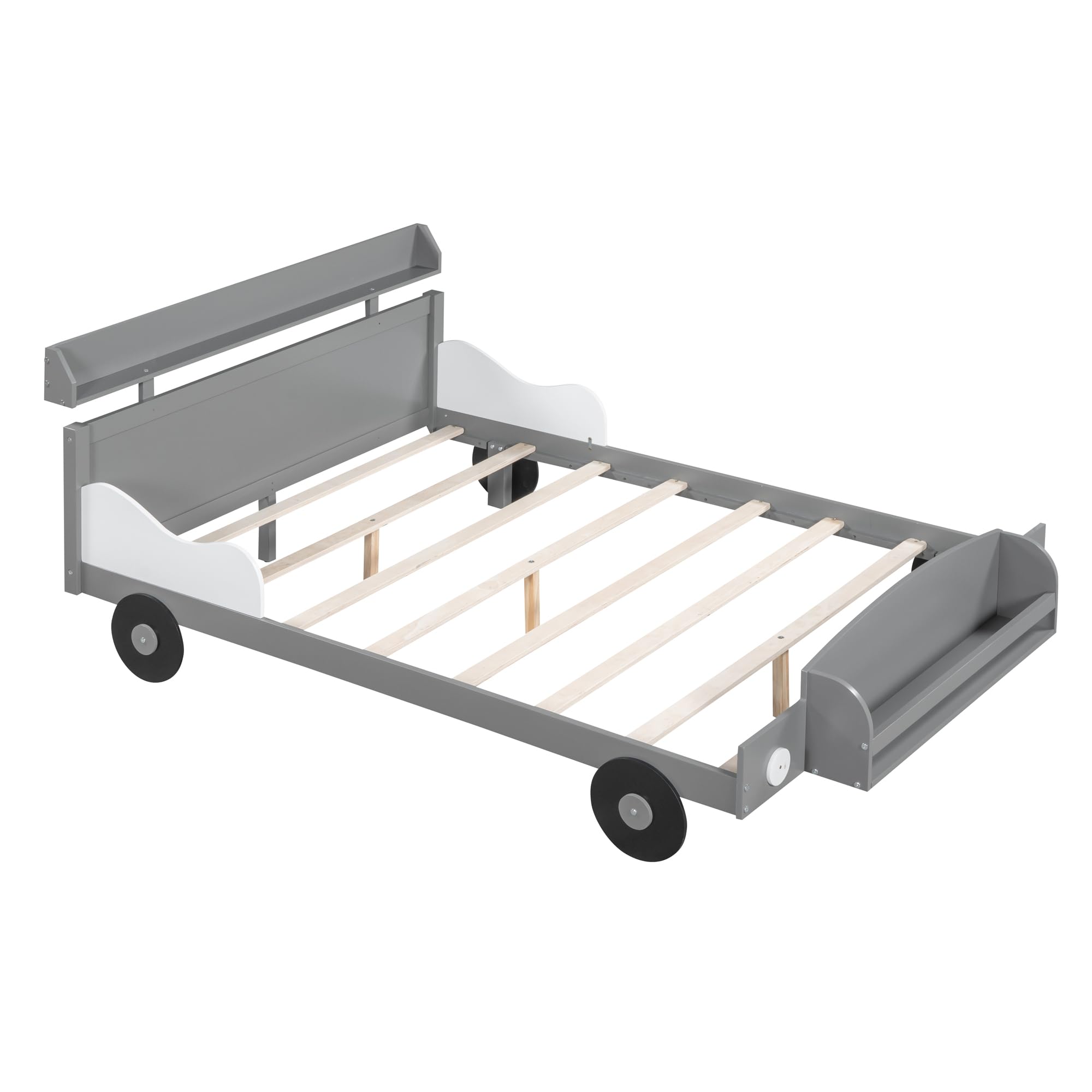 Race Car Bed Full Size, Wooden Low Bed Frame with Storage Headboard and Footboard, Playhouse Bed for Kids, Boys Girls, Gray