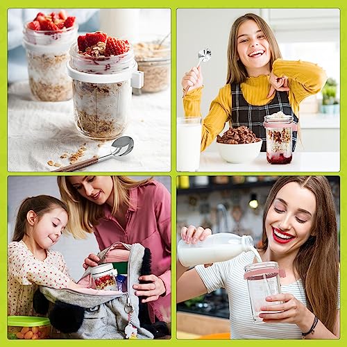 Overnight Oat Containers with Lids and Spoon 6 Set, 16OZ Large Capacity Glass Mason Jars, Glass Food Storage Containers for Milk, Cereal, Vegetable and Fruit Salad(6 PACK)