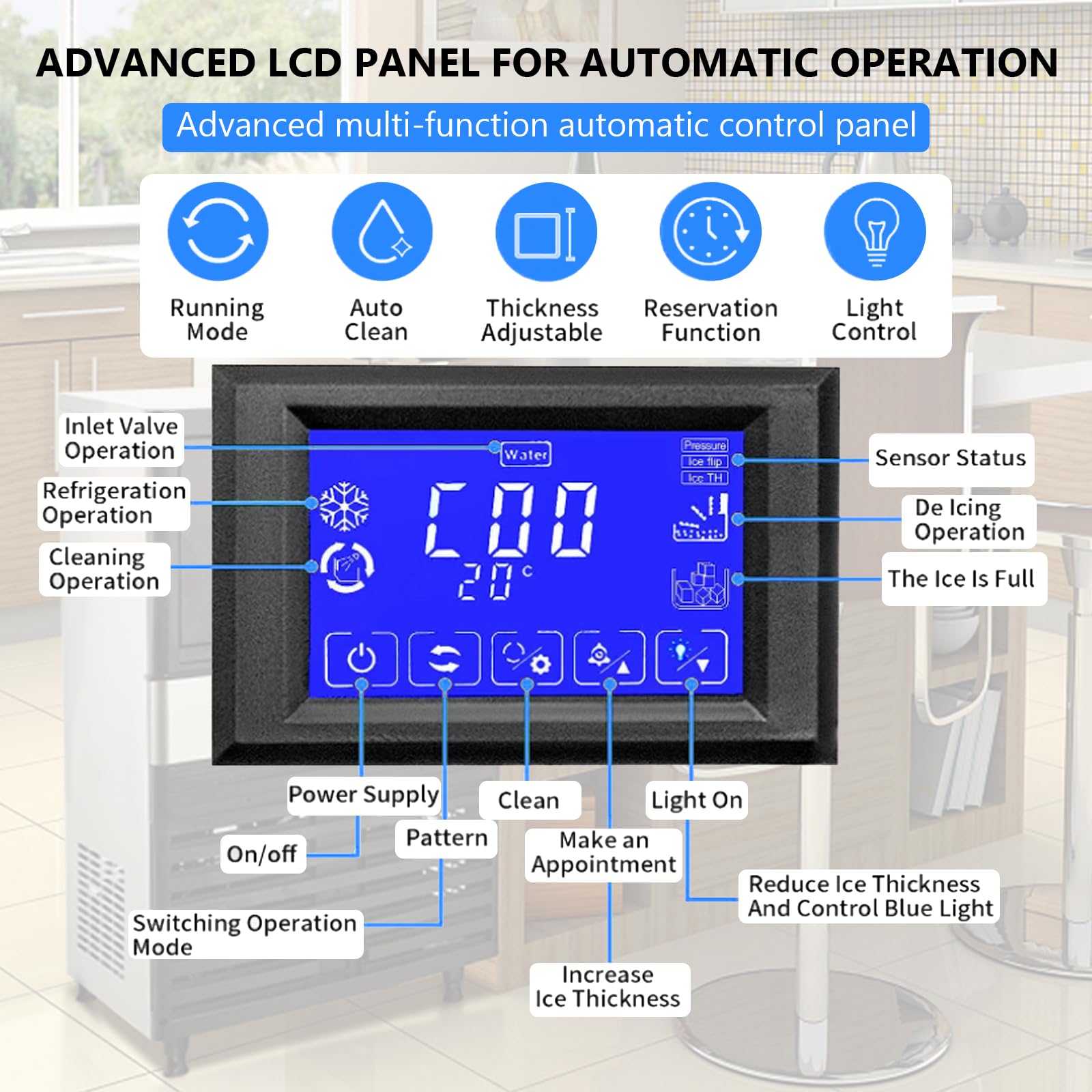 Pioneerworks Commercial Ice Maker Machine 110lbs/24H, Under Counter Ice Machine Self Cleaning with 27lbs Storage, LCD Panel and Blue Light, Stainless Steel Ice Maker for Restaurant/Home/Bars/Coffee