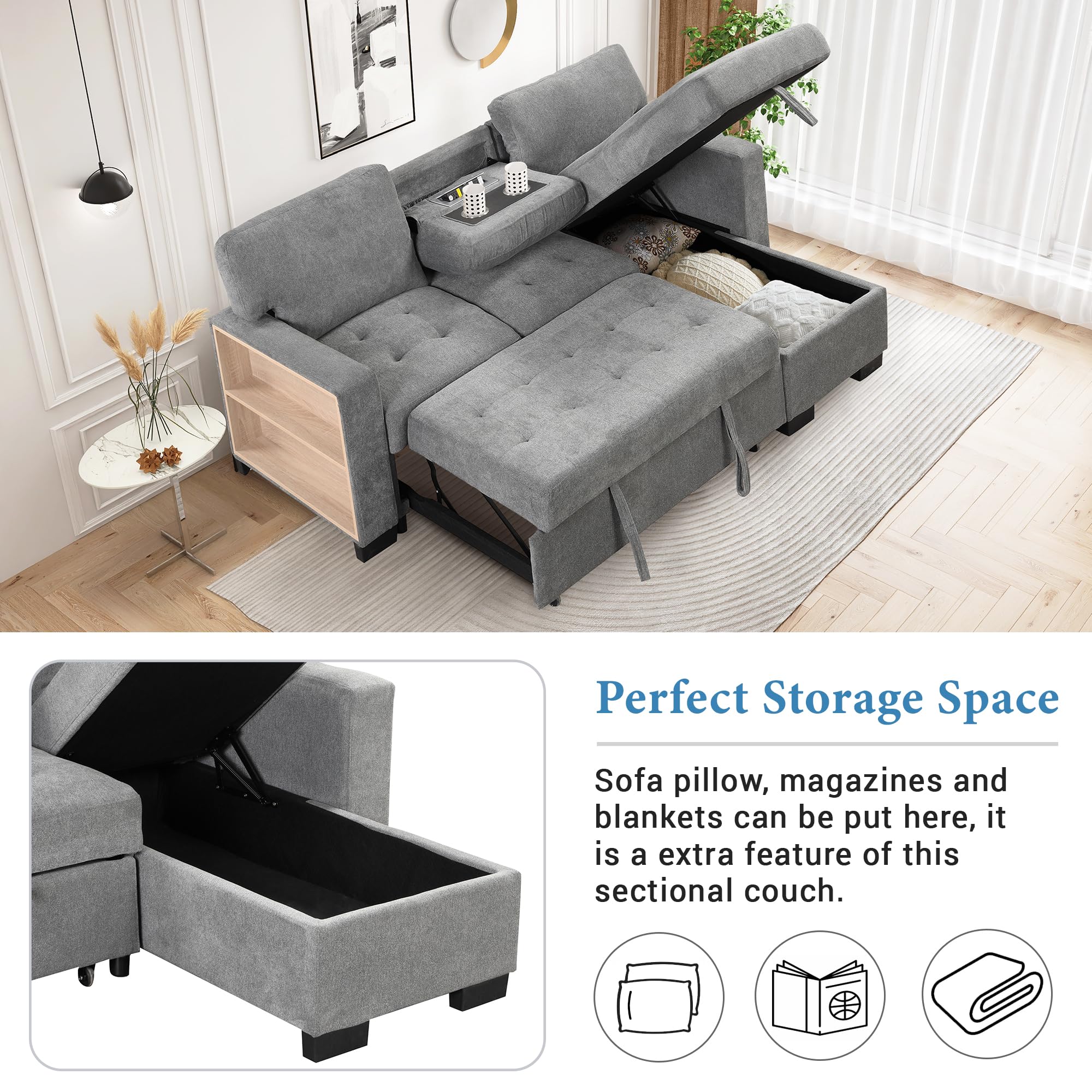 Polibi L-Shape Convertible Sofa with Storage Chaise, USB Charger, Cup Holders and Side Shelves, Velvet Multifunctional 3-Seat Couch, Pull-Out Sleeper Sofa Bed for Living Room, Bedroom, Grey