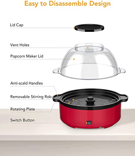 Popcorn Machine Electric Hot Oil Popper, 2-in-1 Automatic Stirring Hot Oil Popcorn Popper Maker & Grill Machine, Large Lid for Serving Bowl, 2 Measuring Spoons, 16-Cup for Home Party
