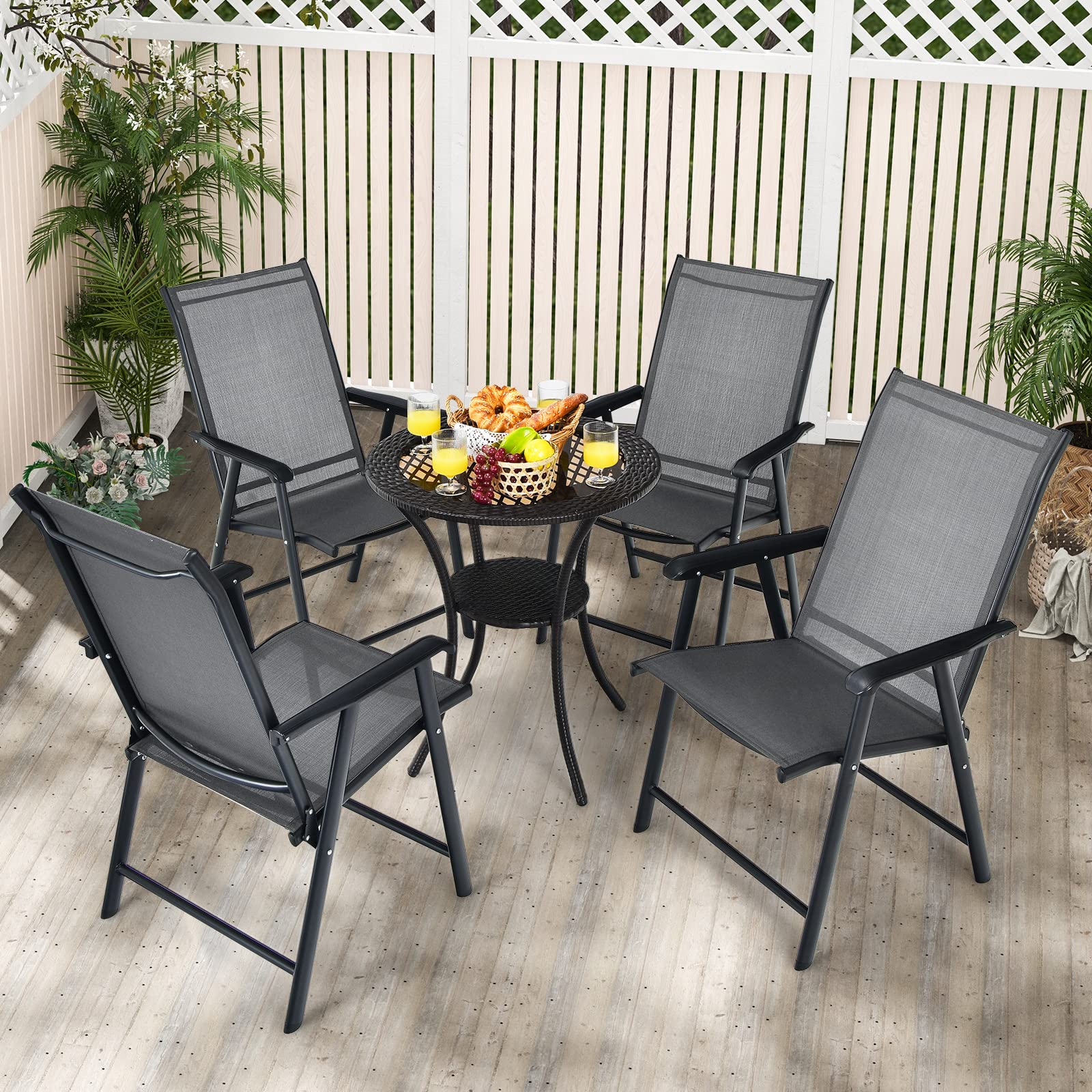 Tangkula Set of 4 Patio Folding Chairs, Fabric Dining Chairs with High Back & Armrests, Portable Camping Lounge Chairs with Sturdy Metal Frame, Outdoor Sling Chairs for Patio Lawn Garden (Grey)