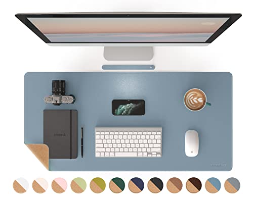 RENMTURE Dual-Sided Desk Pad, Natural Cork & PU Leather Large Mouse mats for Office and Home Work, Desk Protector Non-Slip, Waterproof, Easy Clean (Blue Gray, 36"x17")