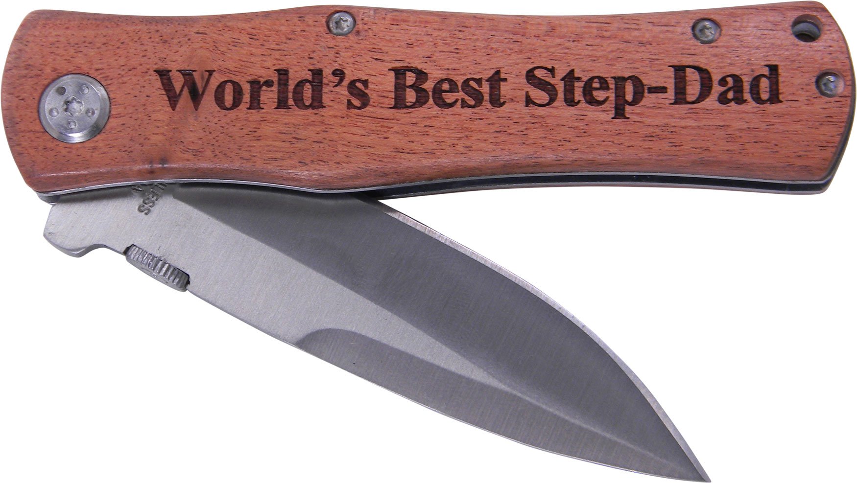 World's Best Step-Dad Folding Pocket Knife with Pocket Clip - (Wood Handle)