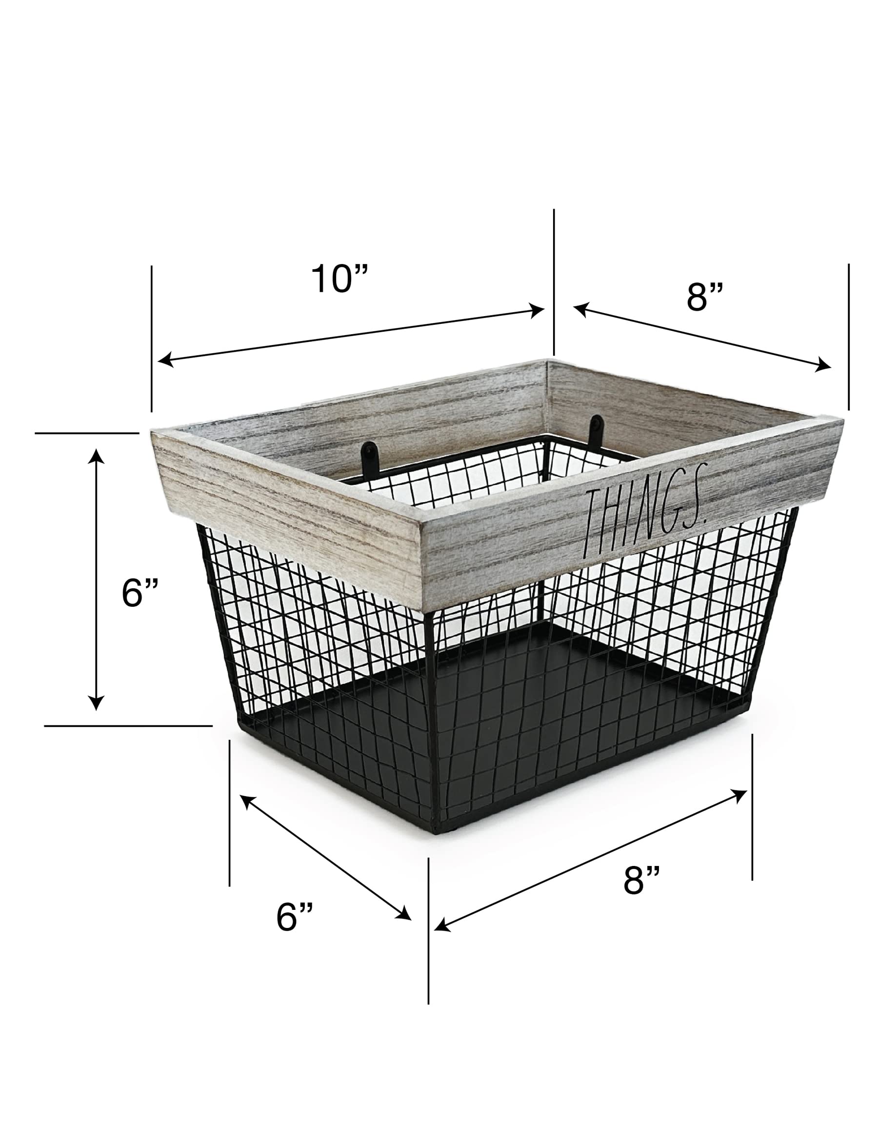 Rae Dunn Things Wire Storage Basket – Metal and Solid White Wash Wood Organizer – Decorative Storage Bin – Home & Office Organizers for Desk, Bedroom, Living Room, Closet and More