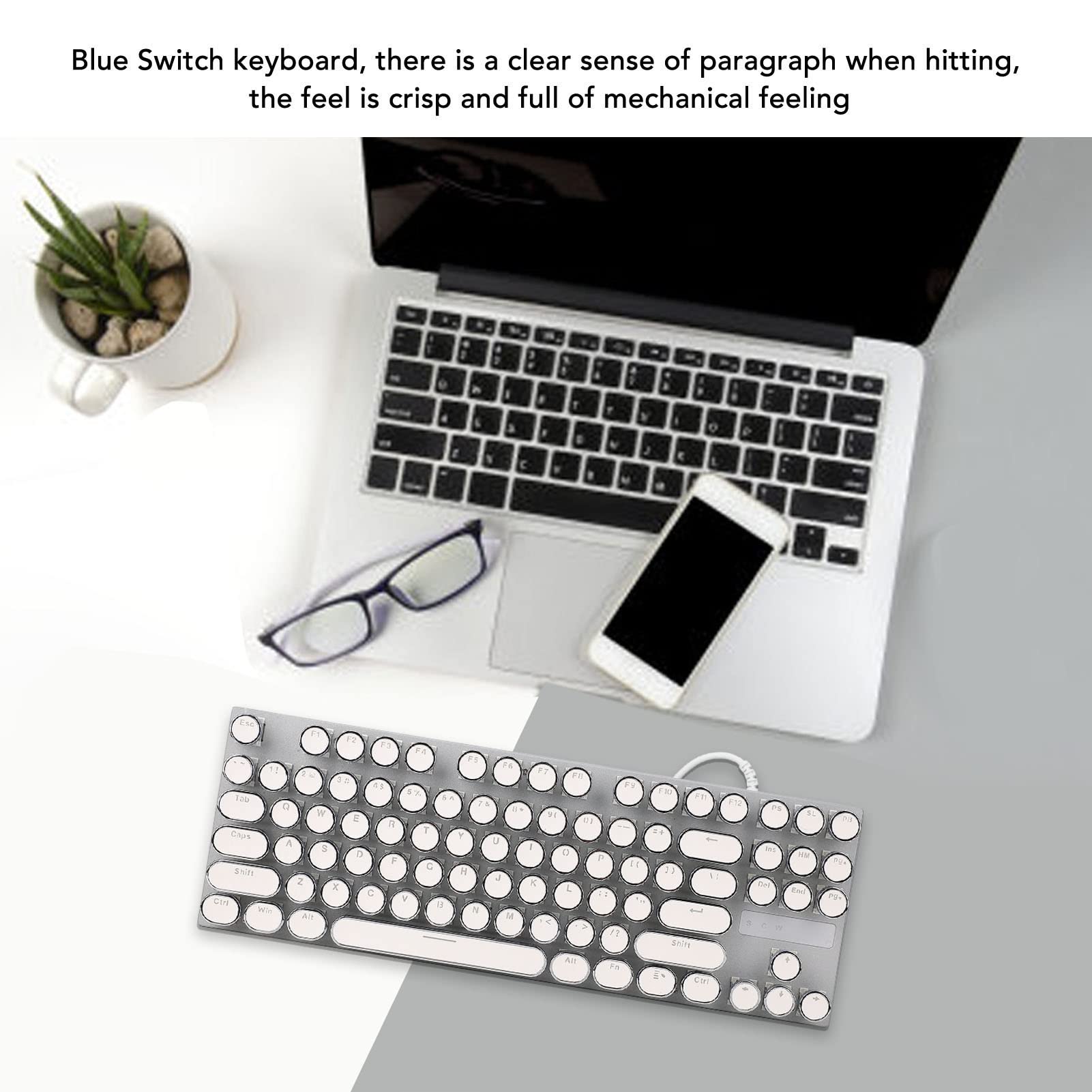 Mechanical Gaming Keyboard, 26 RGB Gaming Keyboard, 87 Keys Color Light Blue Switch USB Wired Keyboard, Waterproof Color Matching for PC(White Electroplating Punk)