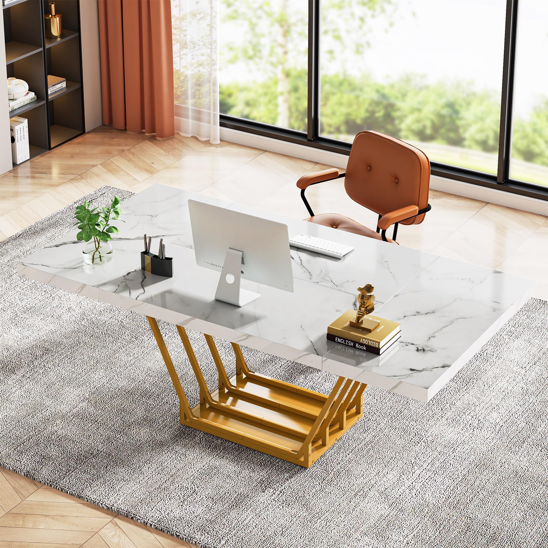 Tribesigns 63-Inch Modern Computer Desk, White Executive Desk with Gold Metal Frame, Large Office Desk Workstation Business Furniture for Home Office, Easy Assembly, Only Desk