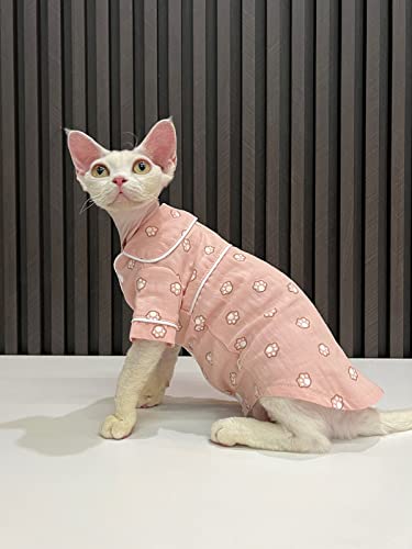 Sphynx Hairless Cat Clothes Autumn Cartoon Pattern Pajamas Air Cotton T-Shirts Comfortable Kitten Shirts Pet Clothes for Cat (M(4.4-5.5lbs), Pink)