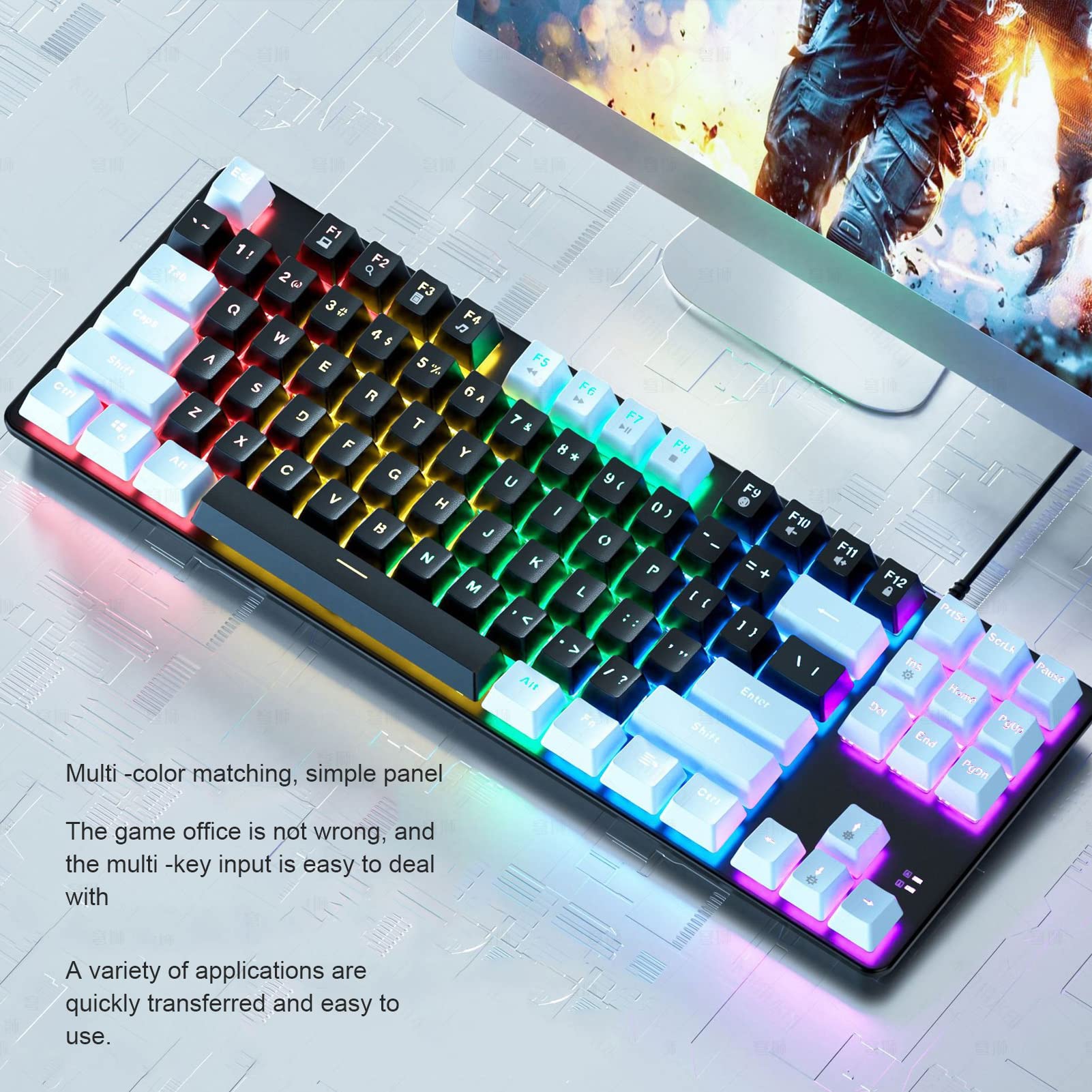 Mechanical Gaming Keyboard, 87 Keys RGB Backlit Keyboard, USB Wired Computer Keyboard, Blue Switch for Laptop Desktop Computer PC Game Work(Black Blue)