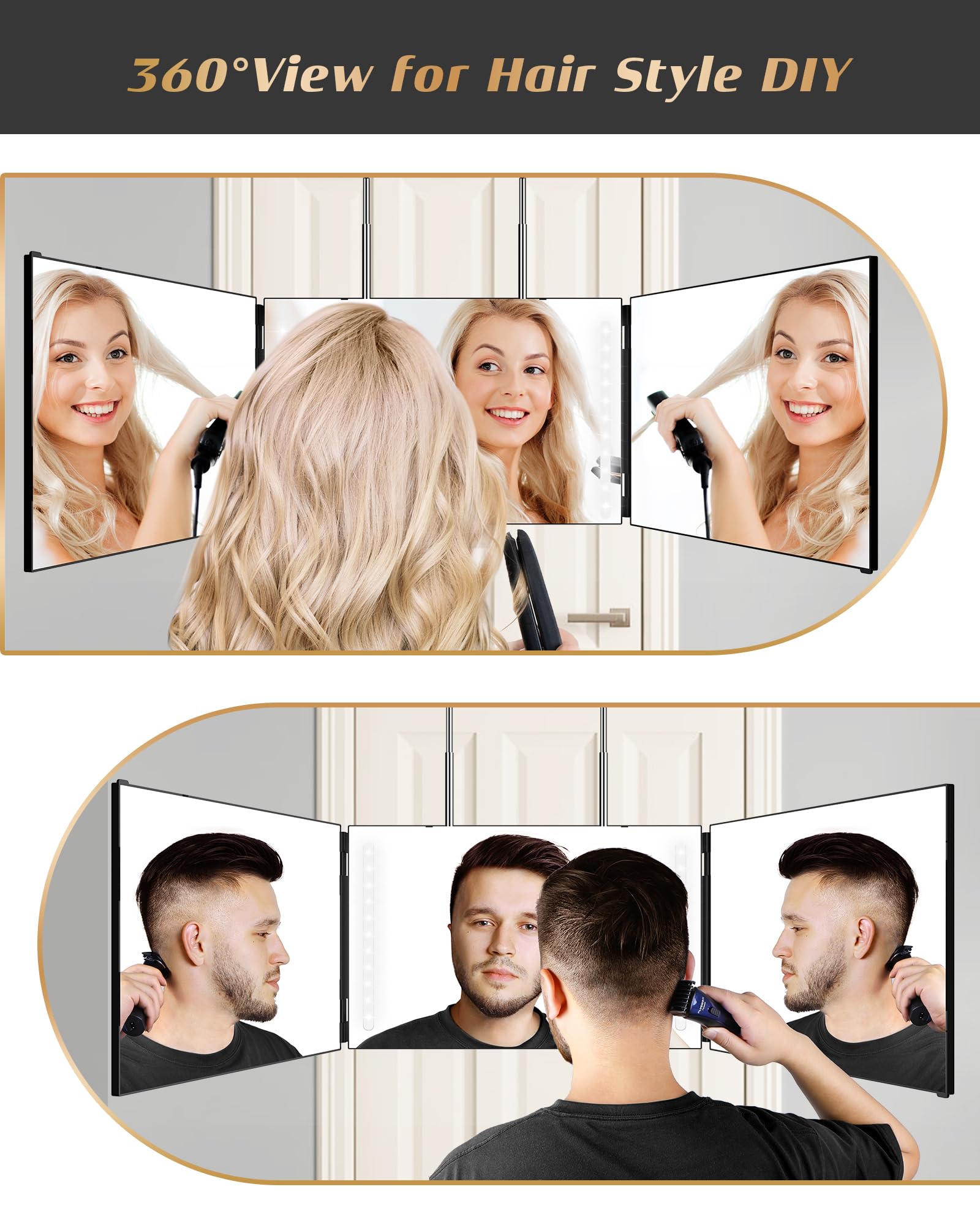 JUSRON 360 Viewing Angle Self Hair Cutting Mirror, Clear Anti-Fog HD Glass (Black with LED, with Accessories)