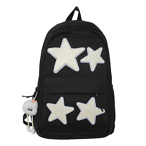 LOTUSTAR Kawaii Backpack with Cute Accessories Stars Y2K Aesthetic Backpack with Plush Pendenat Grunge 10-12 Daypack (Black)