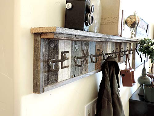 Personalized Reclaimed Barn Wood Coat Rack with 4 inch Deep Shelf, Decorative Custom Wall Mounted Entryway hooks, Rustic Farmhouse Hat Umbrella Tree Accent Your choice of length and colors