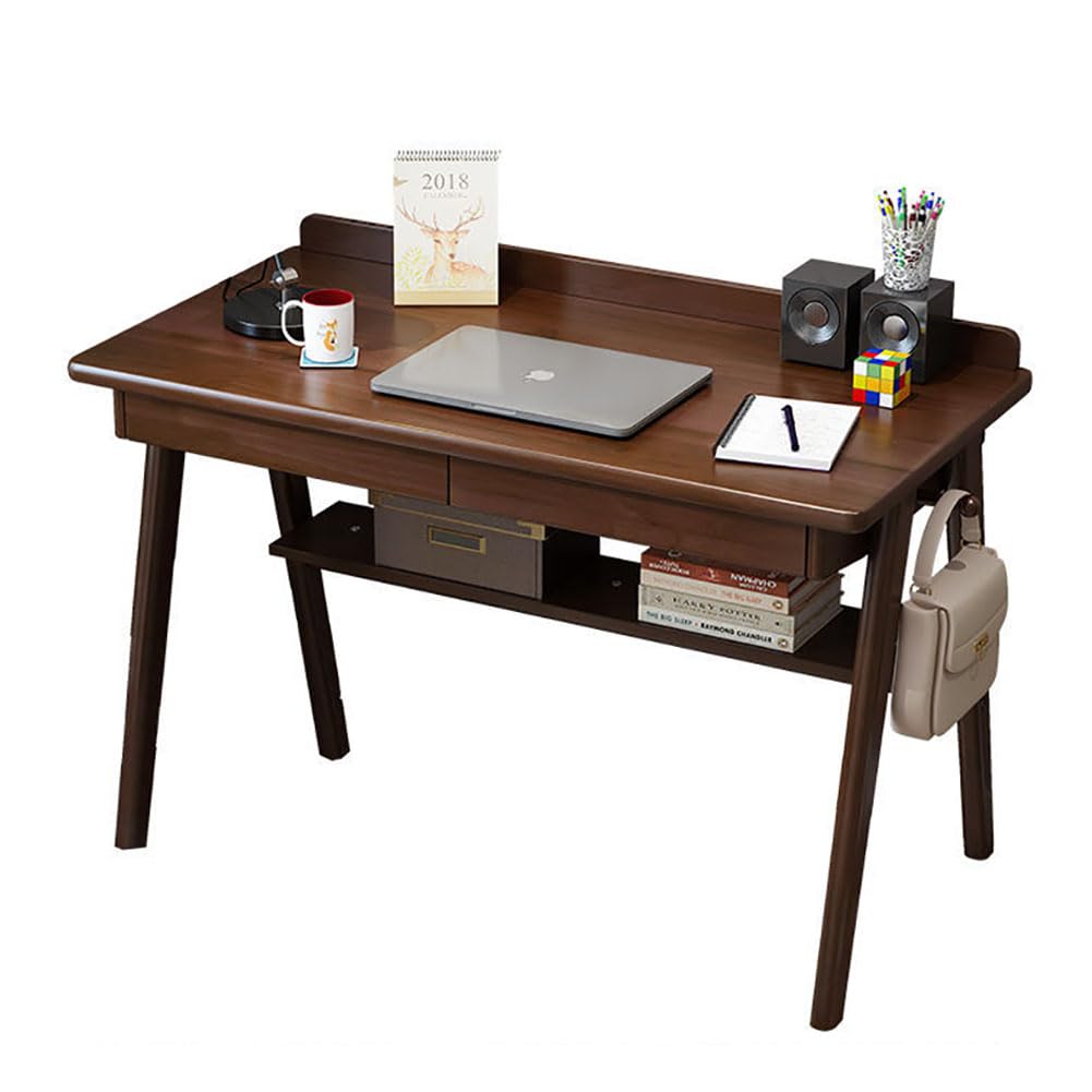 RIVINE Office Computer Desk with 2 Drawer Walnut Color Vintage Home Reading Study Desk Small Work Desk Save Space PC Writing Desk Bedroom Table(39.4in(100cm), Upgrade)