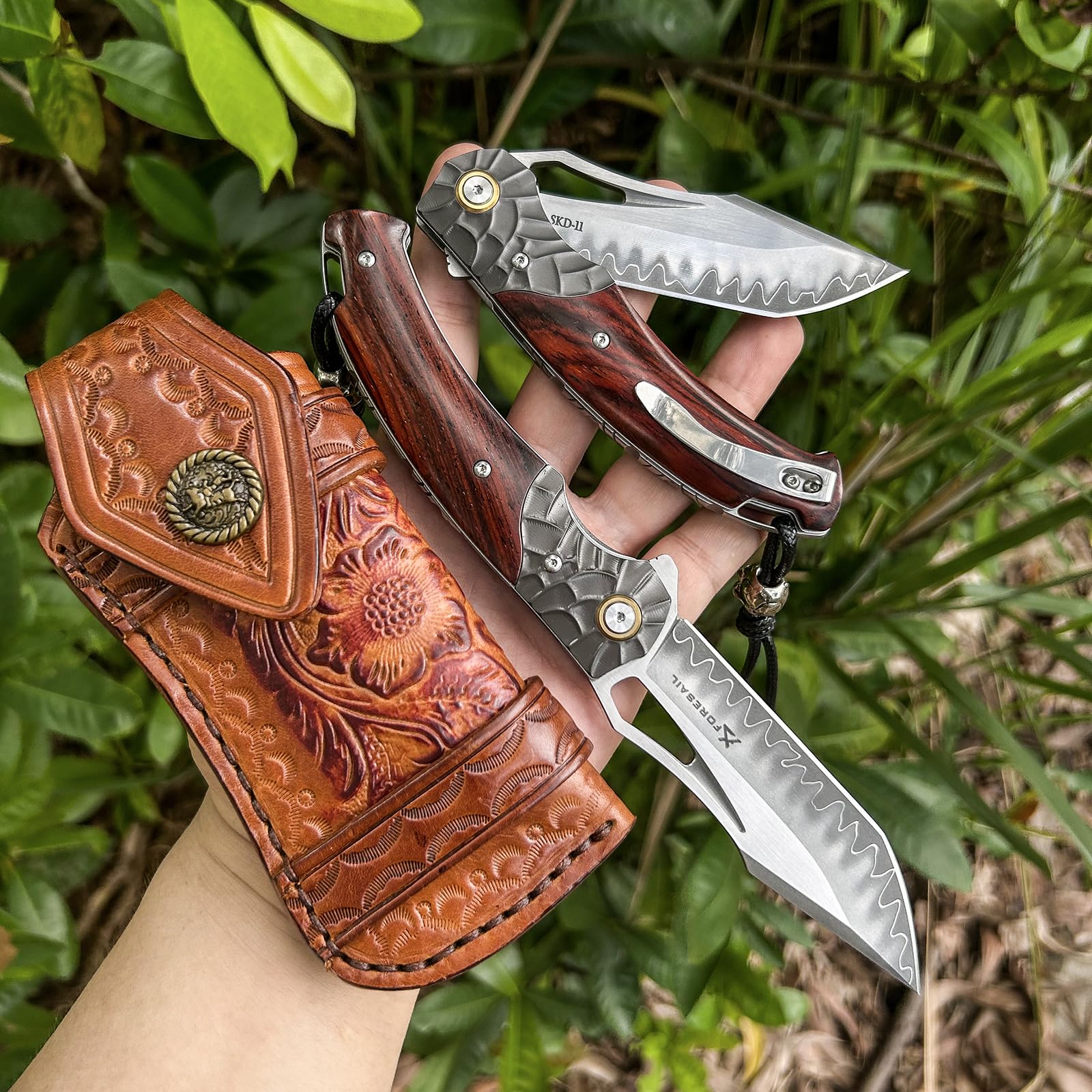 FORESAIL Flipper Folding Pocket Knife,SKD11 Steel Blade and Wood Handle. With leather case,men's Tactical pocket knife hiking trip EDC tool Knife. (Rosewood Handle)