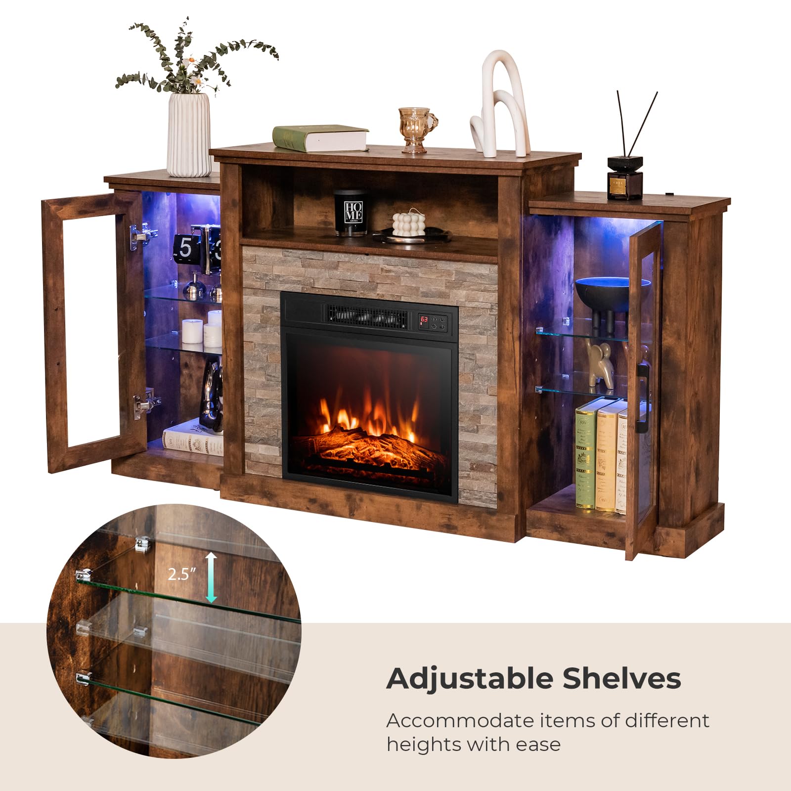 GOFLAME Fireplace TV Stand with LED Lights for TV up to 65β, Entertainment Center with 18β Electric Fireplace, Remote & APP Control, TV Console with Adjustable Glass Shelves (Brown)