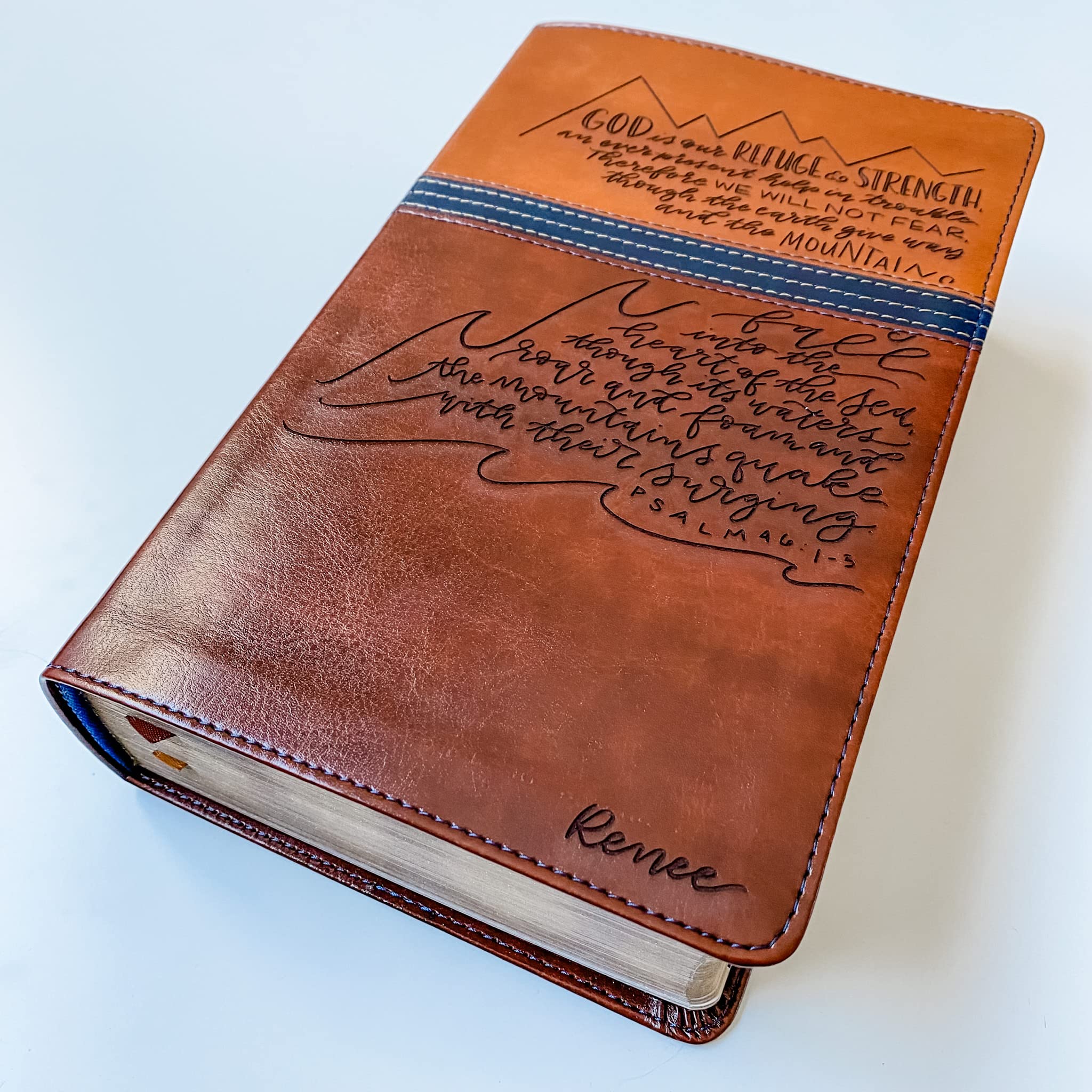 NIV Study Bible, Brown and Blue, Hand Illustrated & Laser Engraved, Custom Name Engraving Available, Personalized Gift for Birthday, Graduation, Baptism, Wedding or Anniversary