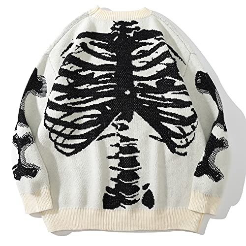Vamtac Mens Vintage Oversize Skeleton Pattern Graphic Sweater Long Sleeve Round Neck Knitted Unisex Pullover Jumper Sweaters