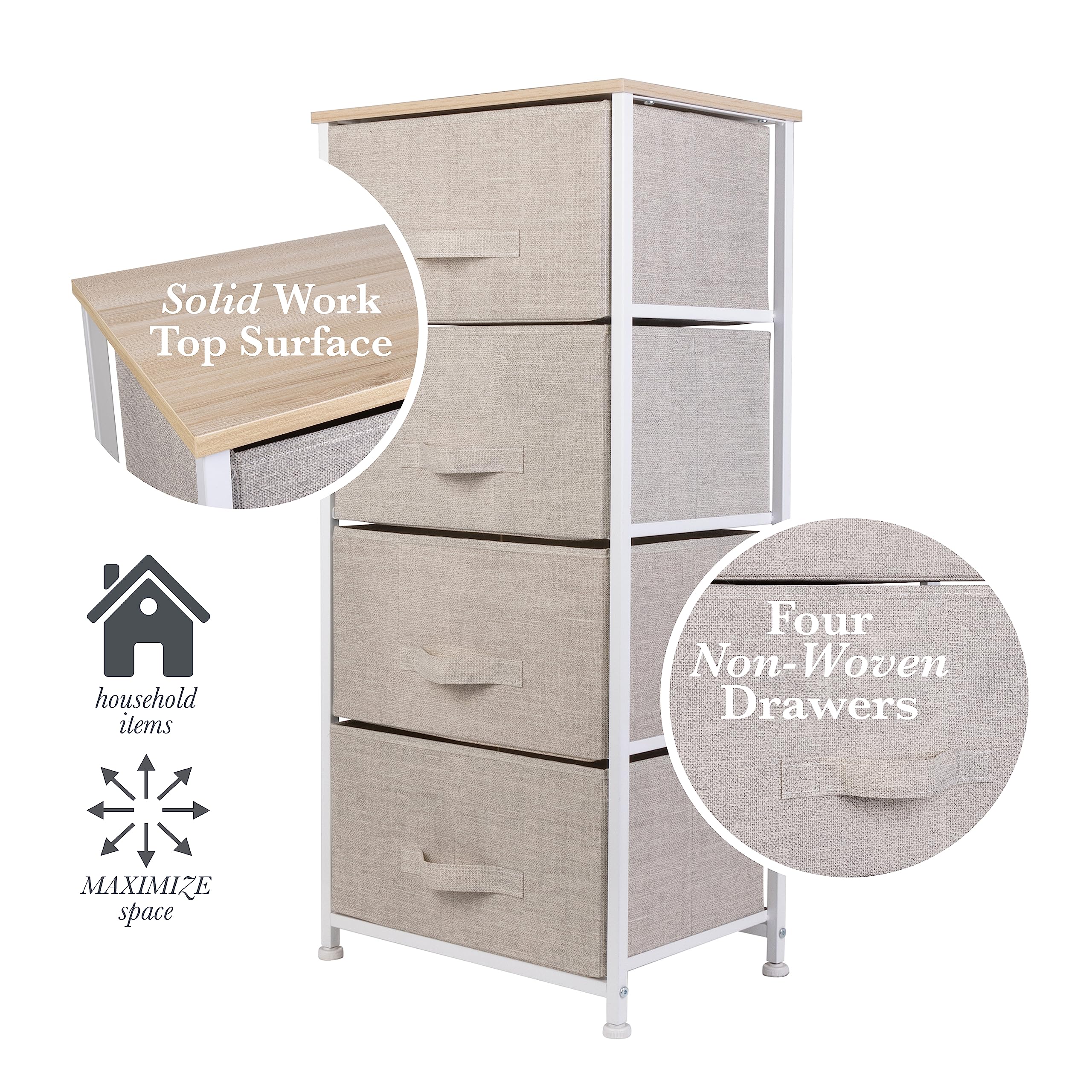Simplify 4 Tier Vertical Storage Chest | Dresser | Nightstand | Fabric Drawers | Sturdy Steel Frame | Organizer | Bedroom | Closet | Easy to Assemble | Beige