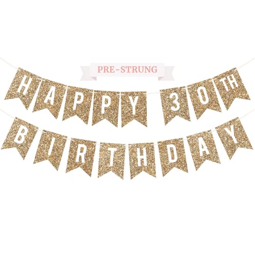 Pre-Strung Happy 30th Birthday Banner - NO DIY - Gold Glitter 30th Birthday Party Banner - Pre-Strung Garland on 6 ft Strands - Gold Birthday Party Decorations & Decor. Did we mention no DIY?