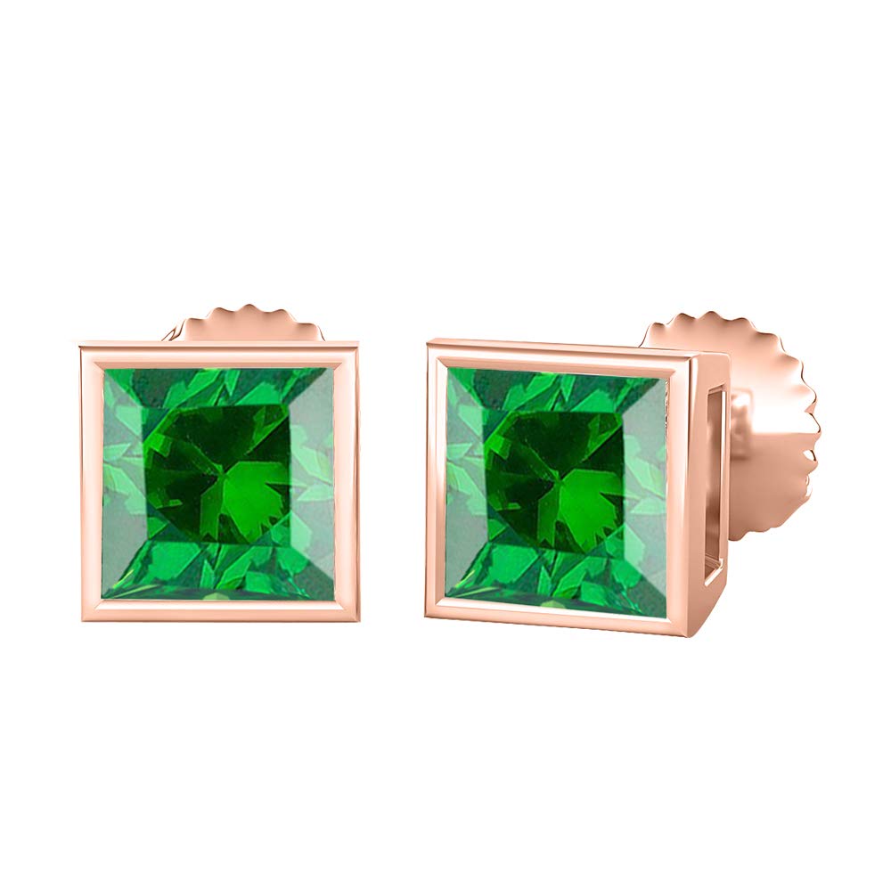 Gold & Diamonds Jewellery Bezel Set Princess Cut Created Green Emerald (3MM) Solitaire Stud Earrings 14K Rose Gold Over .925 Sterling Silver