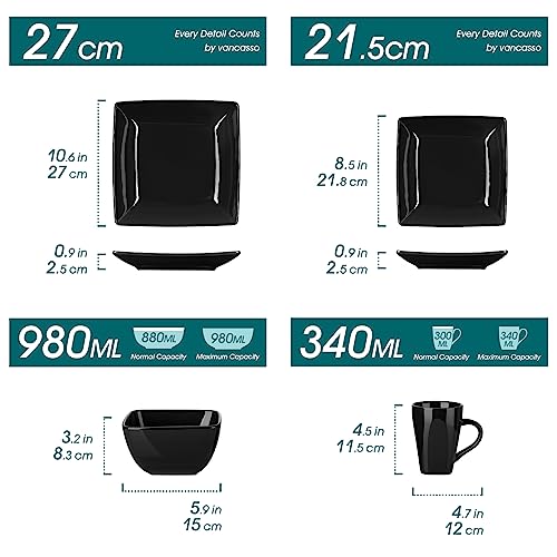 vancasso, Series SOHO, Stoneware Square Dinner Set Black 16 Piece Kitchen Dinnerware Service Plate Crockery Set with 16-Piece Dinner Plates, Dessert Plate,Bowls and Mugs, Service for 4