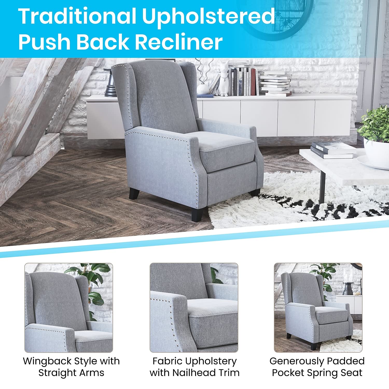 Flash Furniture Prescott Polyester Fabric Upholstered Slim Wingback Recliner, Modern Pushback Recliner Chair with Pocket Spring Seat, Gray