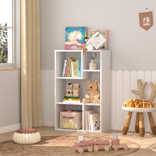 VECELO 31 Inch High Modern Kids Bookcase, 3-Tier Wide Bookshelves, 5 Cube Storage Organizer with Anti-tip Kit, Different Height Open Storage Fits Tallest Hardcovers, Easy to Install,White