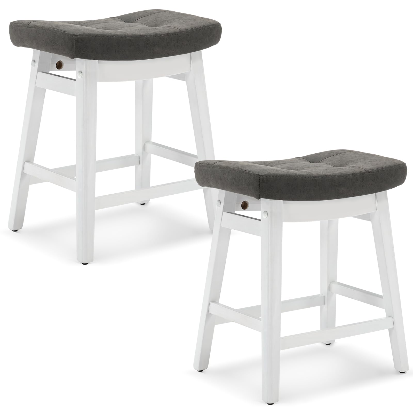 RNKSFX Counter Height Bar Stools Set of 2 for Kitchen Counter Modern Backless Barstools with Upholstered Faux Leather Seat and Solid Wood Legs Farmhouse 24 inch Bar Chairs, Grey + White