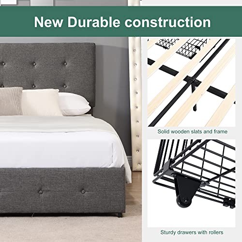 RHIZOME Queen Upholstered Platform Bed Frame with 4 Drawers Storage and Headboard Footboard, Mattress Foundation with Wooden Slats Support and No Box Spring Needed, Grey