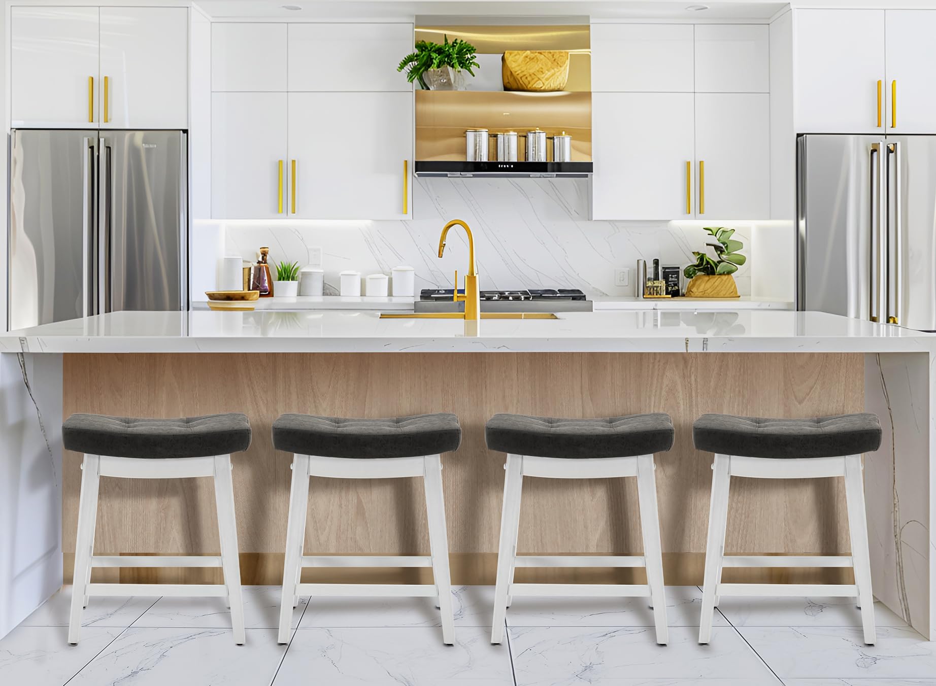 RNKSFX Counter Height Bar Stools Set of 2 for Kitchen Counter Modern Backless Barstools with Upholstered Faux Leather Seat and Solid Wood Legs Farmhouse 24 inch Bar Chairs, Grey + White