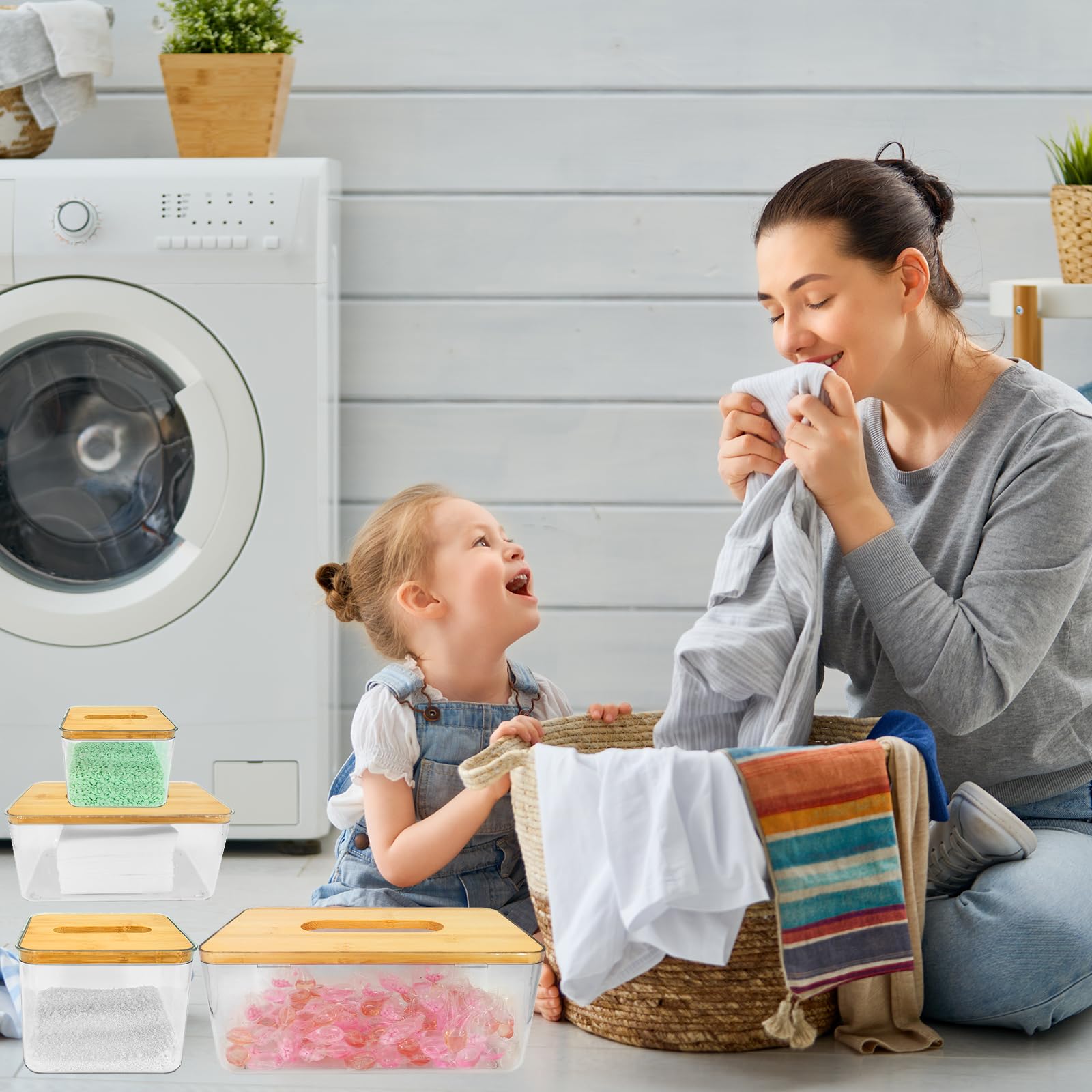 QPPKII 4 Pack Laundry Powder Container with Lid and Scoop, Plastics Clear Dryer Sheet Detergent Containers, Detergent and Laundry Pods Container Organization and Storage