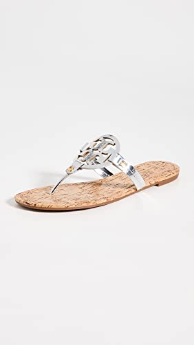 Tory Burch Women's Miller Sandals with Rivits + Handtack Stitch, Silver/Natural, 9 Medium US