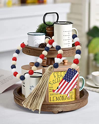 Wooden Beads Decor,Fall Decorations for Tiered Tray Decor Wood Bead Garland, Farmhouse Decor Beads with Tassel, Prayer Boho Beads Big Wall Hanging Decor (Red, White, Blue)