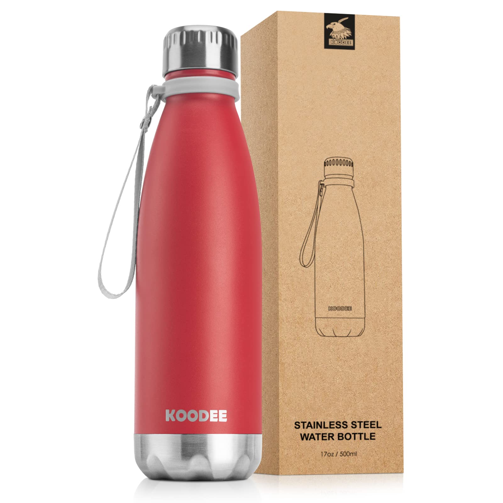 koodee 17 oz Stainless Steel Water Bottle-Double Wall Vacuum Insulated Sports Water Bottle for Girlsļ¼Cola Shape Leak Proof Sports Flask (Canyon Red)