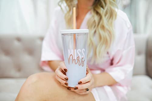 Pearhead Miss to Mrs. Tumbler, Travel Mug, Reusable Coffee Cup, Bride to Be Wedding Accessory, Bachelorette Accessory, 22oz Tumbler with Lid and Straw
