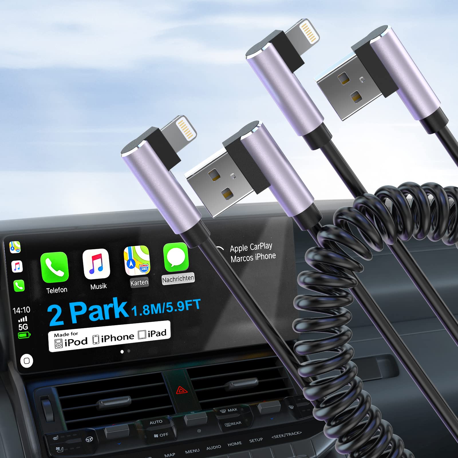 MTAKYI [2 Pack Coiled Lightning Cable for Car, [MFi Certified] 90 Degree Coiled iPhone Charger Cable, iPhone Cord for Car Right Angle Lightning Cable Compatible with iPhone 13/12/11 Pro/11/X/8