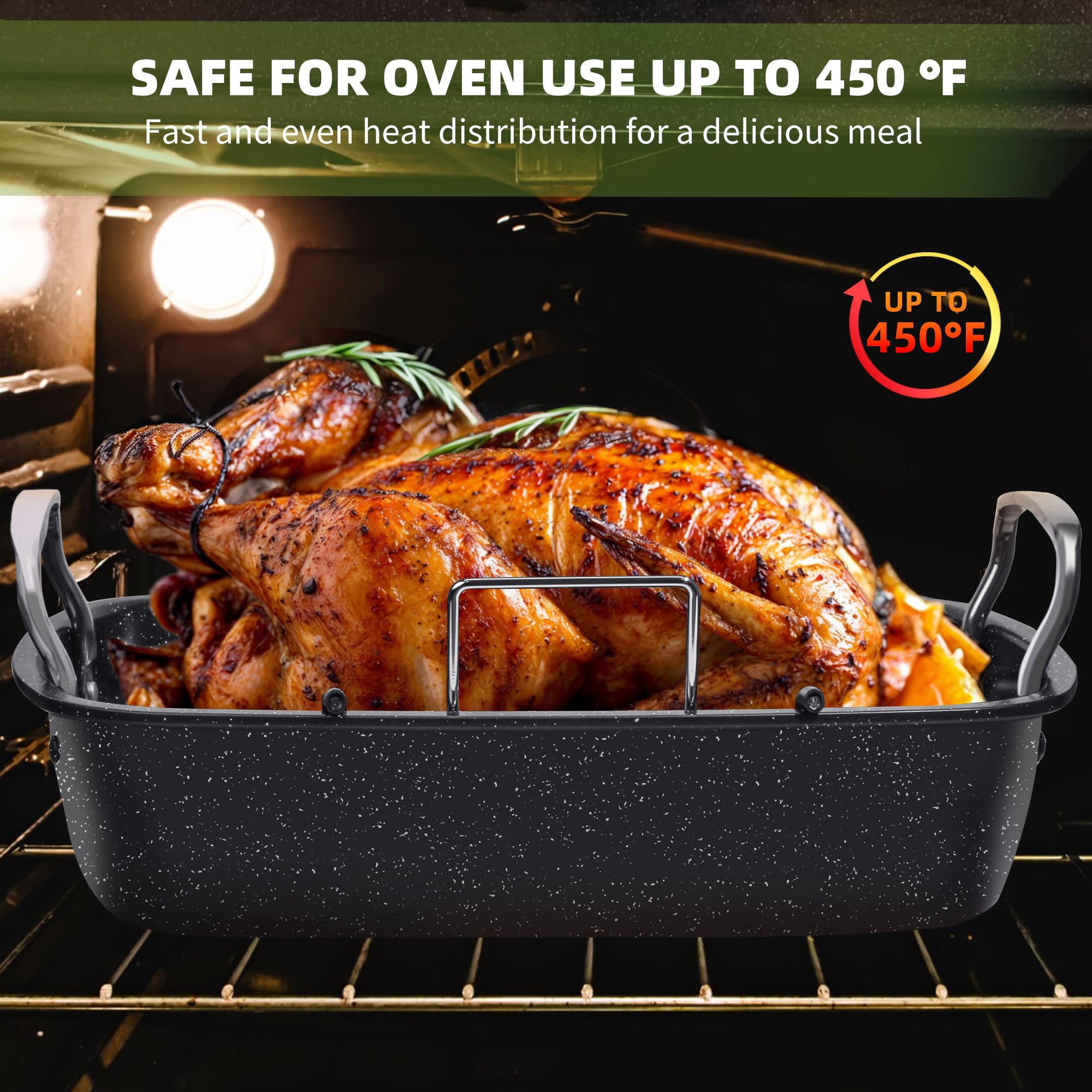 RavisingRidge Roasting Pan with Rack, 17 x 13 Inch Nonstick Turkey Roaster with Steel Handles β Ideal for Ovens, Lasagna, Meat & Vegetables, Perfect for Thanksgiving & Christmas (Black)