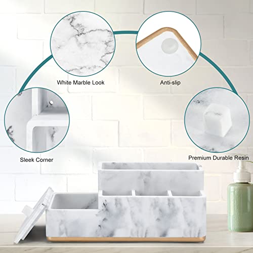 Toothbrush Holder, Aimou Bathroom Organizer Countertop, Bathroom Counter Storage Electric Toothbrush Toothpaste Razor Holder for Bathroom/Vanity, Cotton Ball, Cotton Swab, Floss, Marble White