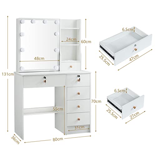 Vanity Desk with Power Outlet,White Vanity with Mirror and Lights, Makeup Vanity with 5 Drawers and Cushioned Stool, Makeup Table Set for Girls
